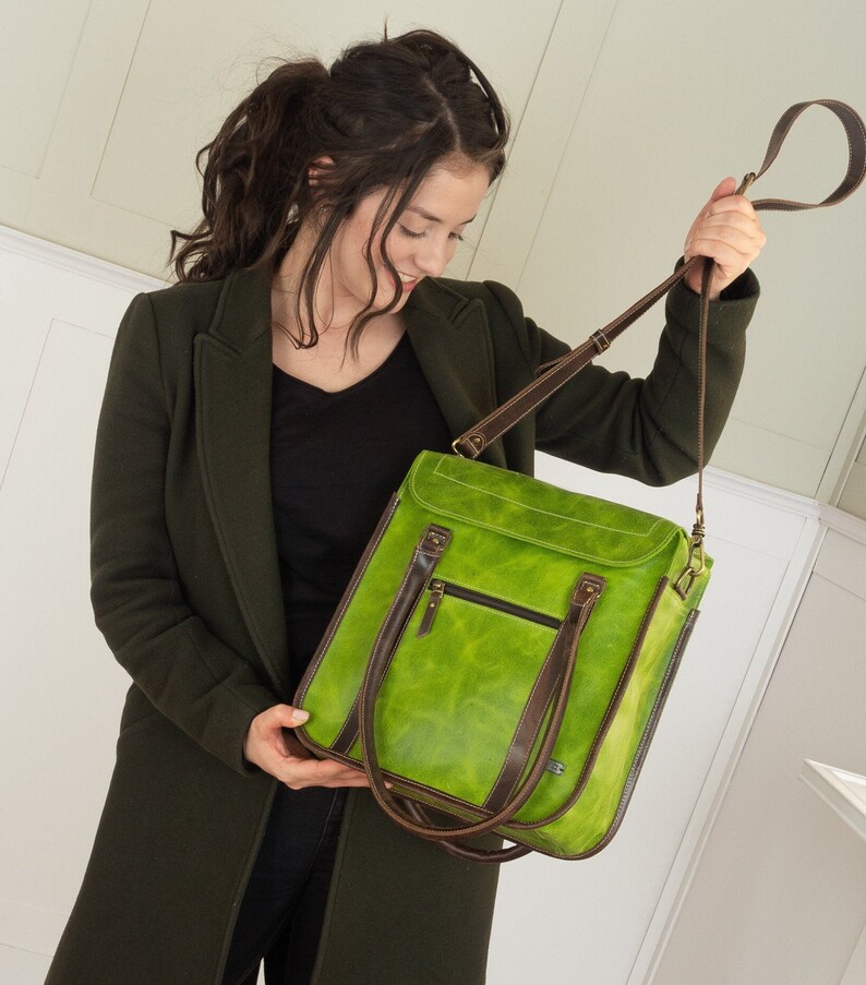 Women Laptop Bag Green Leather Handbag for Women Tote Bag - Etsy