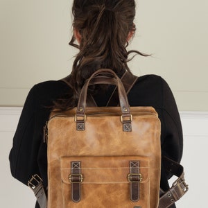 Retro Tan Leather Backpack Purse, Vintage Bag for Women, Stylish Laptop ...