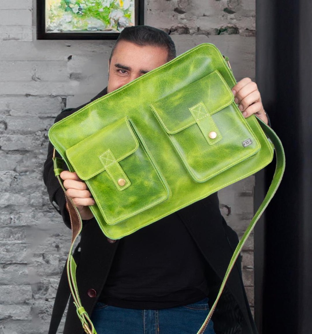 Leather Bag Men - Green Briefcase Man - Mens Laptop Bag - Green Leather ...