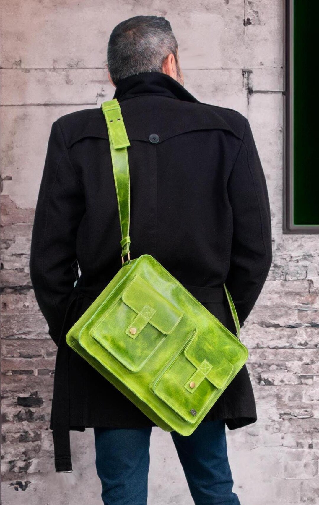 Handmade Green Leather Laptop Messenger Bag – Mens Crossbody Satchel ...