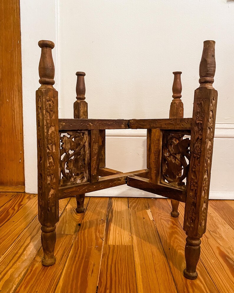Vintage Middle Eastern Brass Side Table on Wooden Carved Legs | Etsy