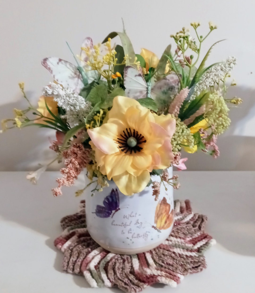 Spring Butterfly Arrangement, Butterfly Floral Tabletop, Yellow, Mauve ...