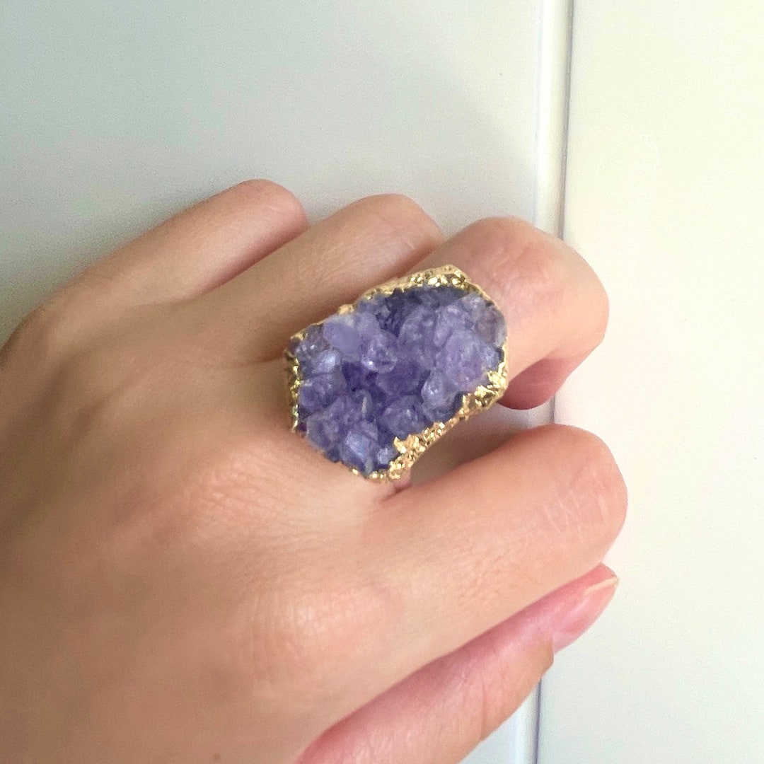 Gold Amethyst Geode Ring for Women, Raw Geode Ring, Purple Adjustable ...