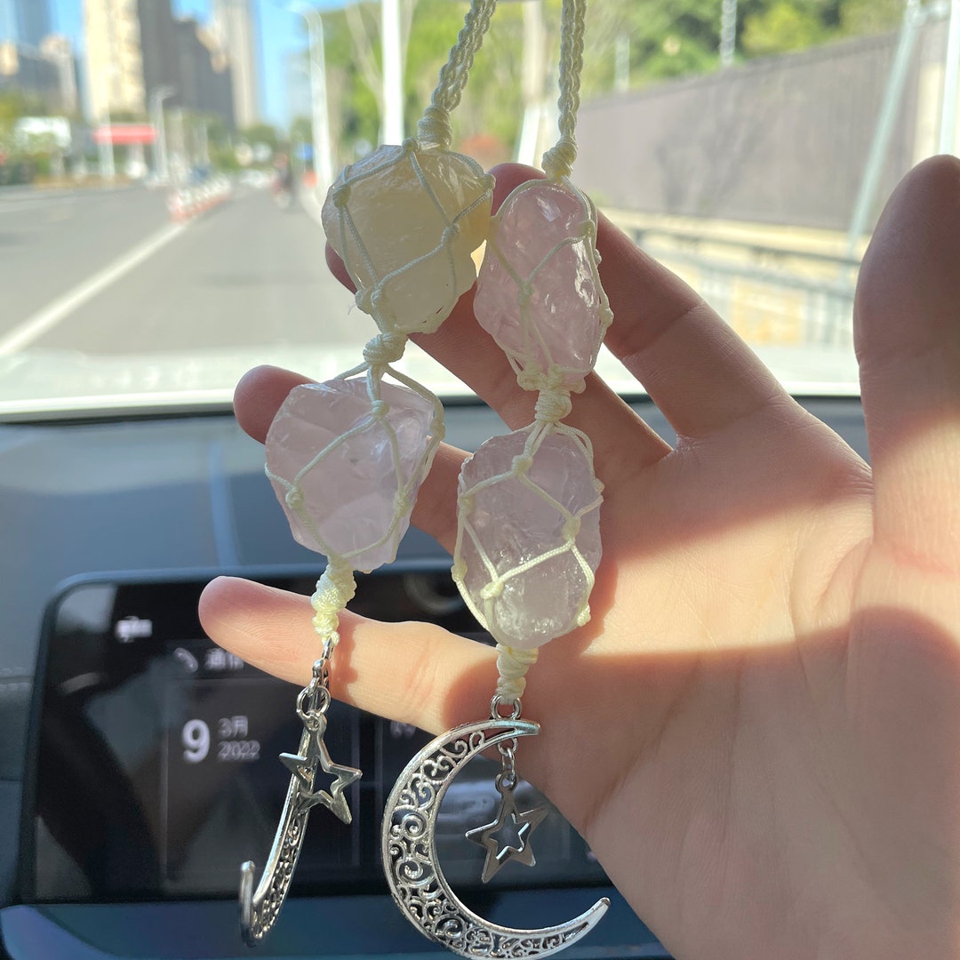 Crystal Car Charm Rose Quartz Crystal Moon Macrame Car Hanging Amethyst ...