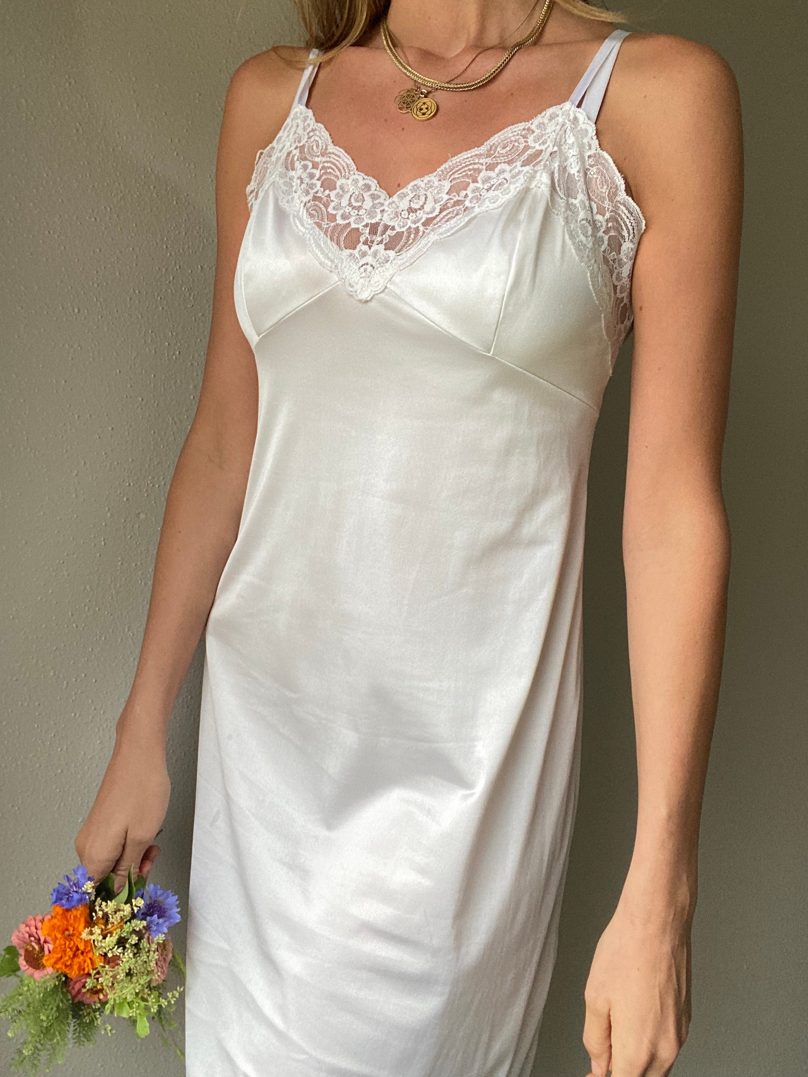 Vintage White Satin Slip Dress Lace Trim Detail Bridal Made in - Etsy