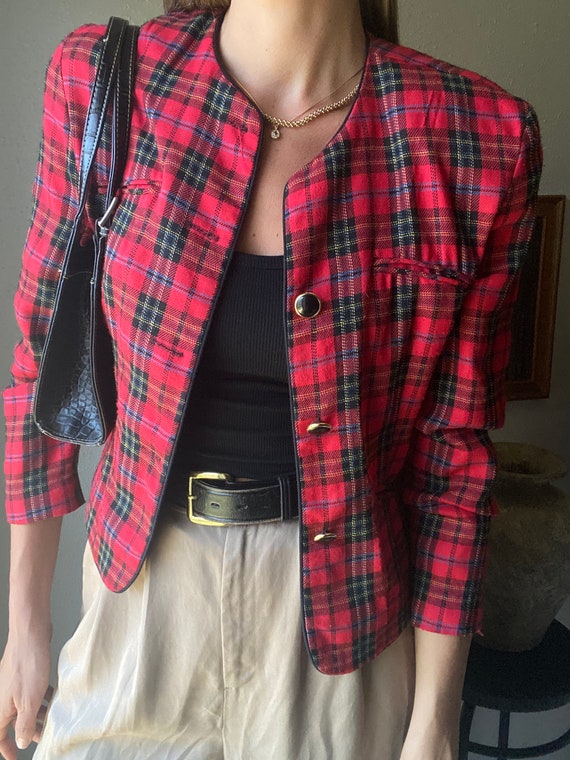 Vintage Cropped Red and Black Plaid Lady Jacket with … - Gem