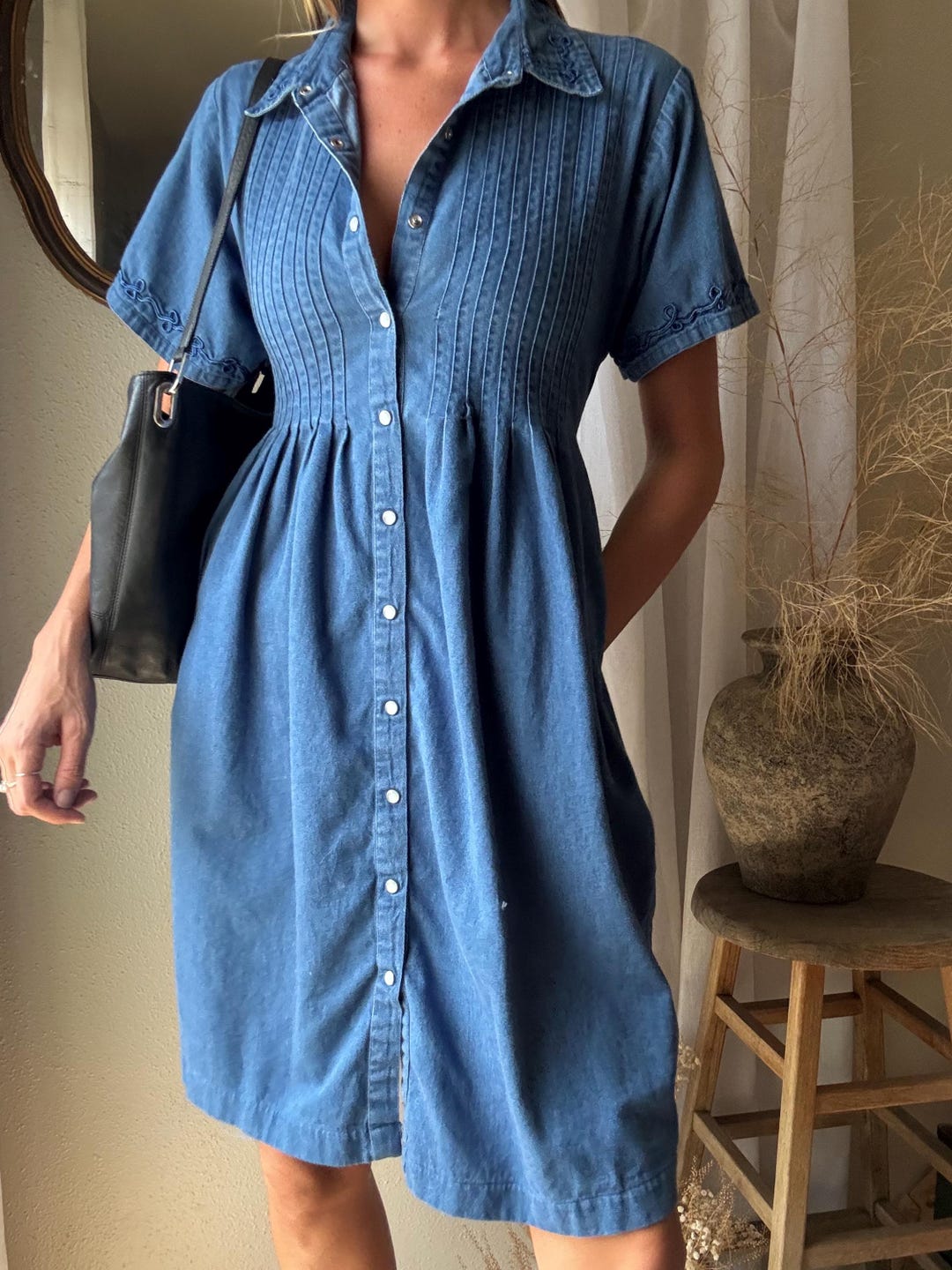 Vintage Denim Maxi Dress: Collared, Pleated, Cottage Core - Etsy