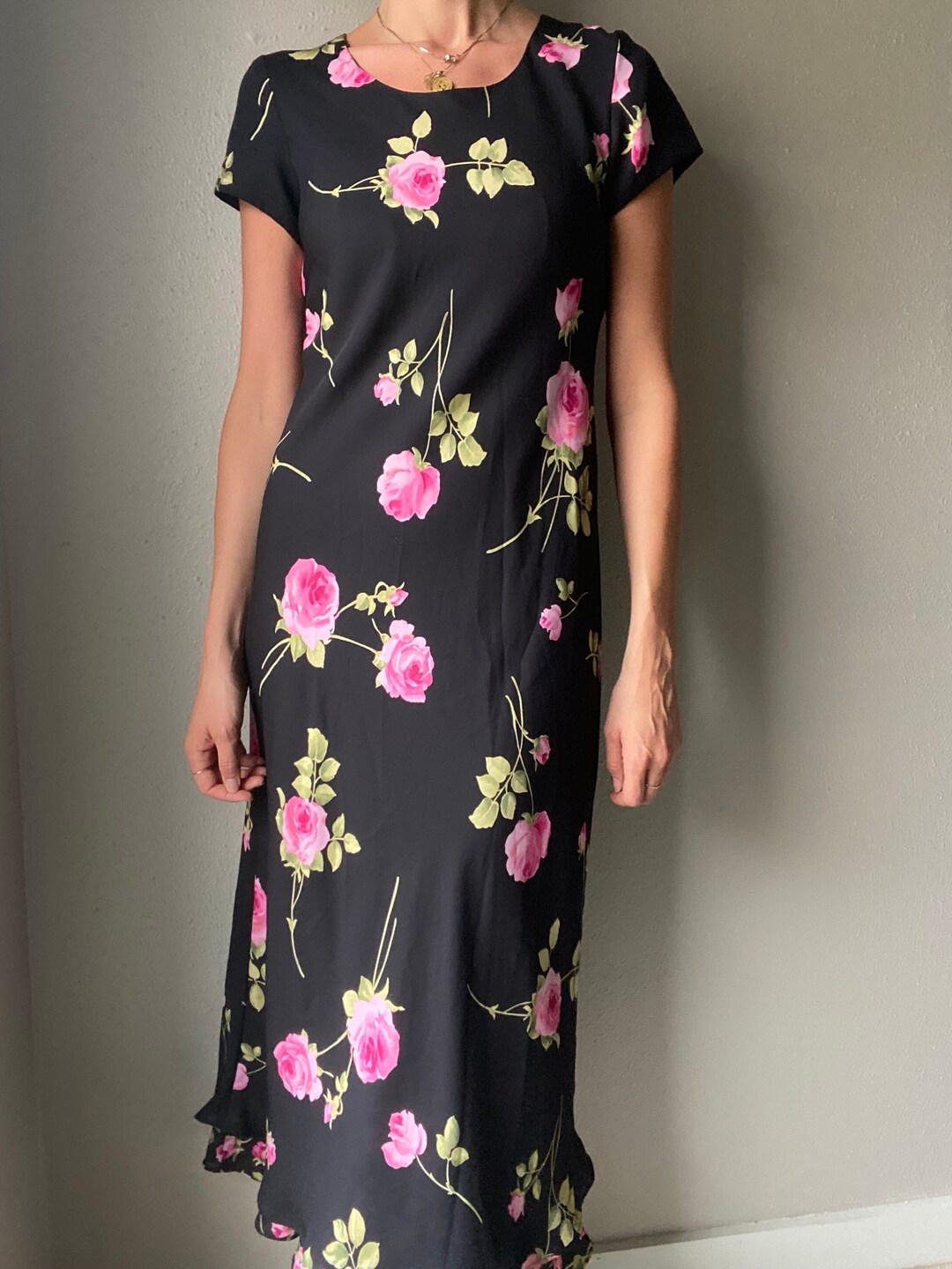 Vintage 90s Long Black Maxi Summer Dress With Rose Flower Pattern - Etsy