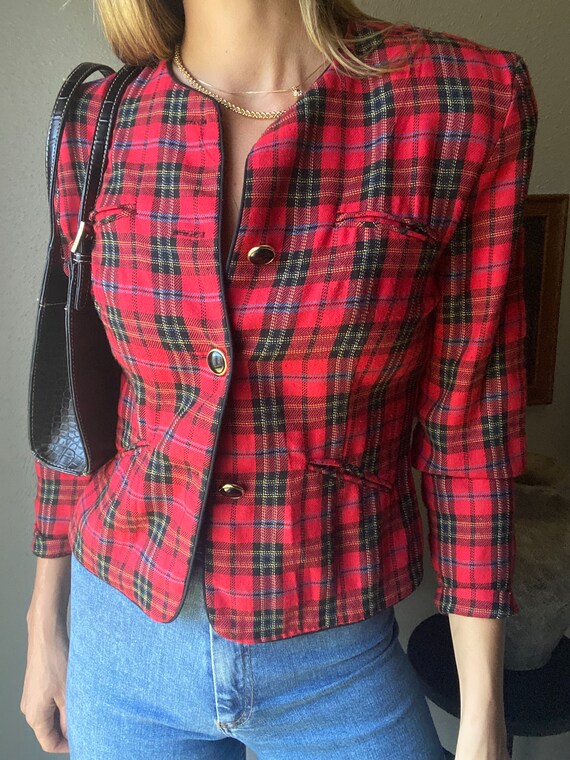 Vintage Cropped Red and Black Plaid Lady Jacket with … - Gem