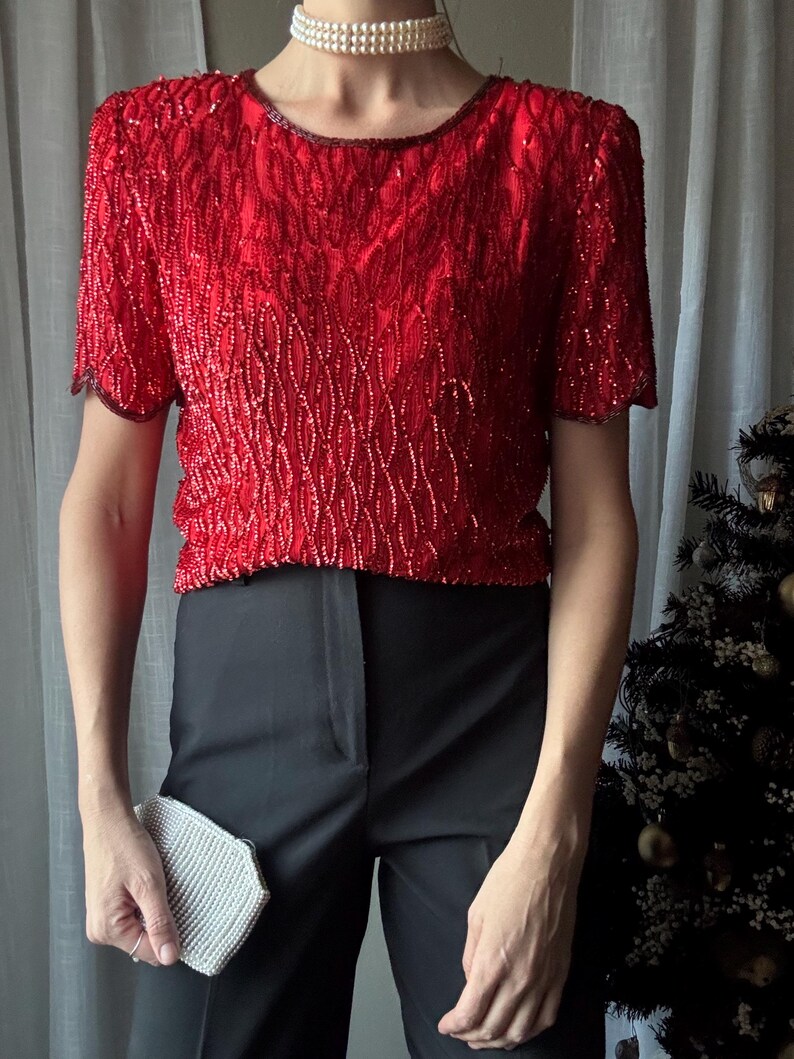 Vintage Red Silk Sequin Blouse: Beaded Short Sleeve Top Shoulder Pads ...