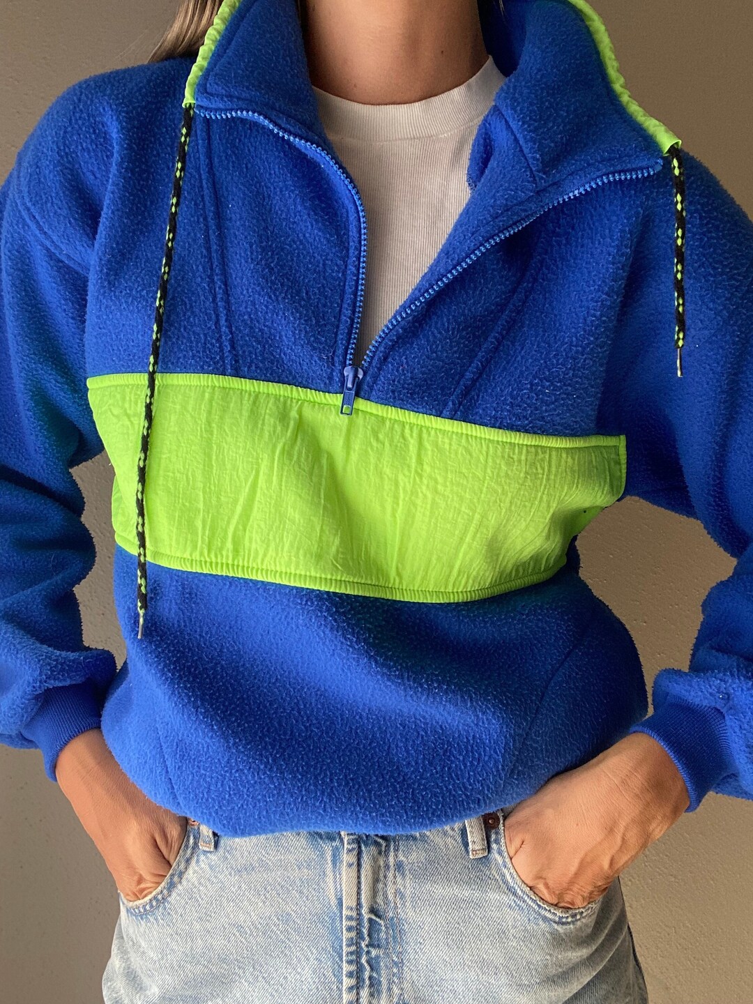 Vintage Bright Blue Fluorescent Green Fleece 1/4 Zip Henley Sweater ...