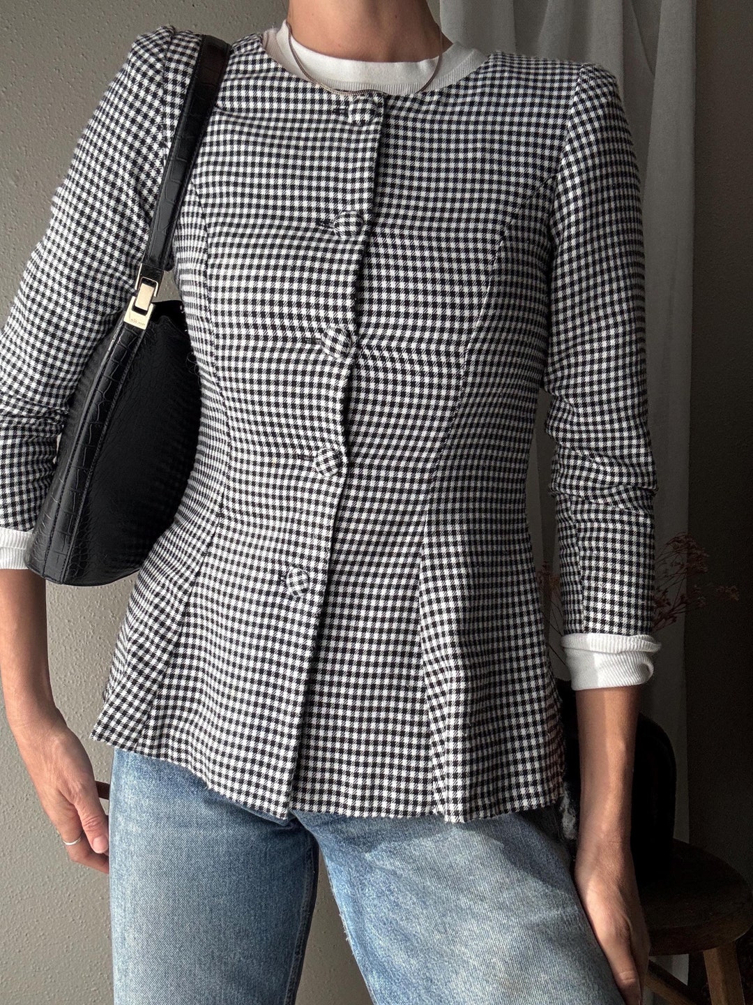 Vintage Black White Micro Plaid Gingham Blazer Jacket Padded Shoulders ...
