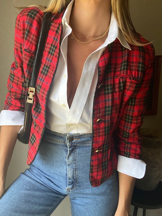 Vintage Cropped Red and Black Plaid Lady Jacket with … - Gem