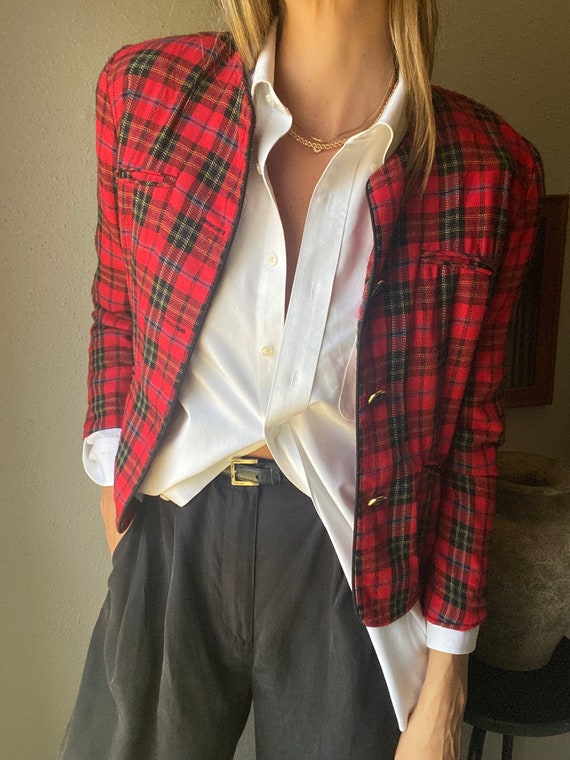 Vintage Cropped Red and Black Plaid Lady Jacket with … - Gem