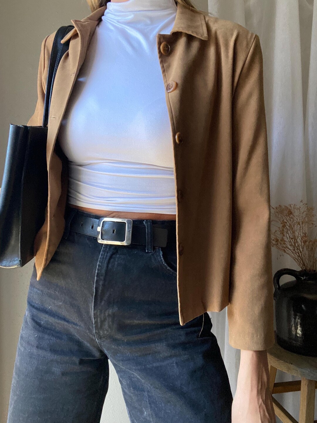 Vintage Faux Suede Oversized Cropped Button Down Overshirt Slightly ...