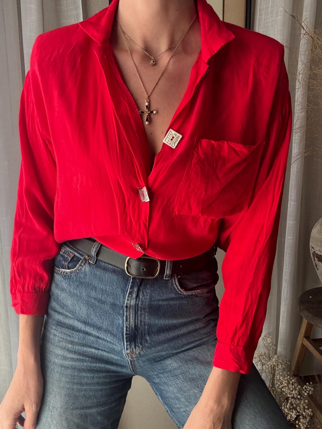 Vintage Boxy Cropped Cherry Red Long Sleeve Button up Square Buttons - Etsy