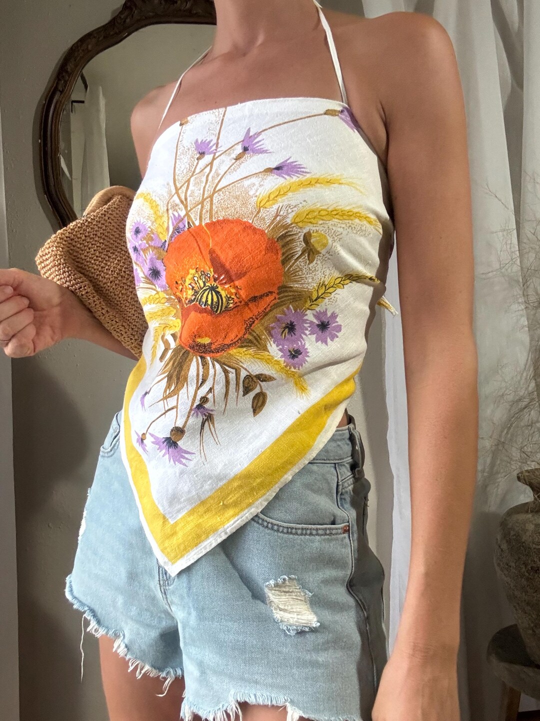 Vintage Upcycled Poppy Print Cotton Scarf Linen Halter Top Tie Back ...