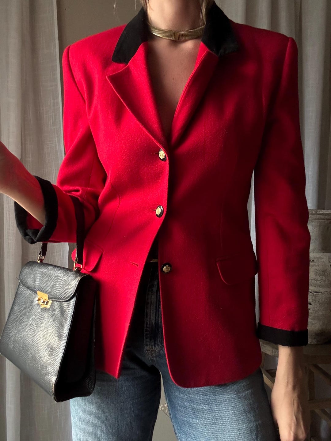 Vintage Virgin Wool Bright Red Fitted Blazer Black Velvet Collar and ...