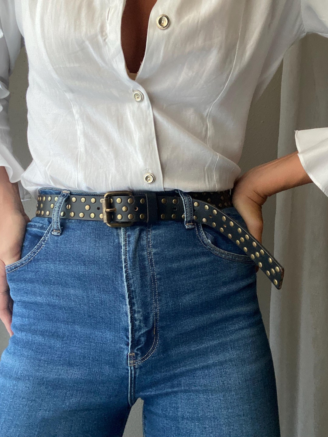Vintage Black and Bronze Studded Black Leather Belt Square Bronze ...