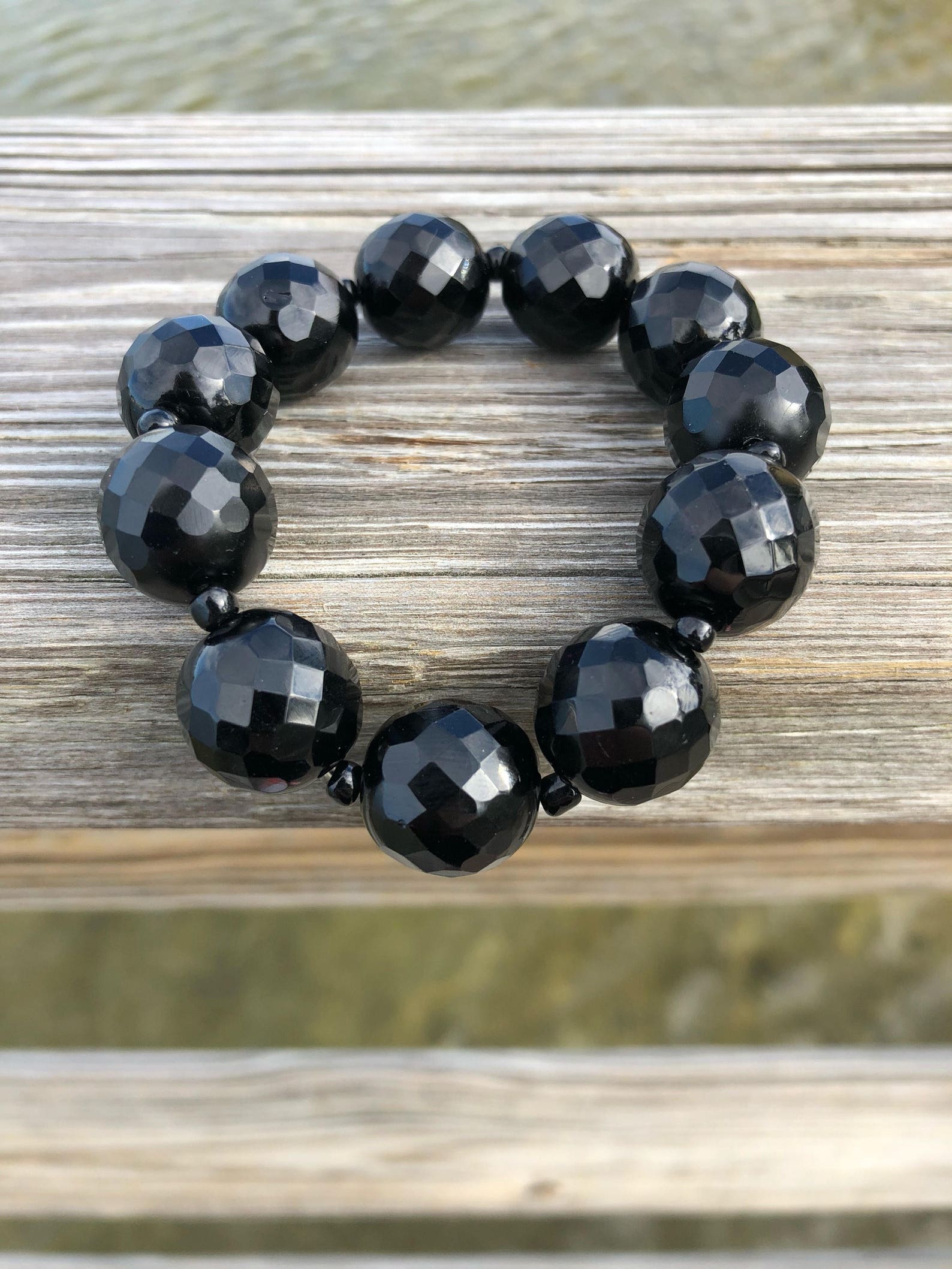 Genuine Black Agate Bracelet. 14 Mm, Large Beads. Stretch, Fits All ...