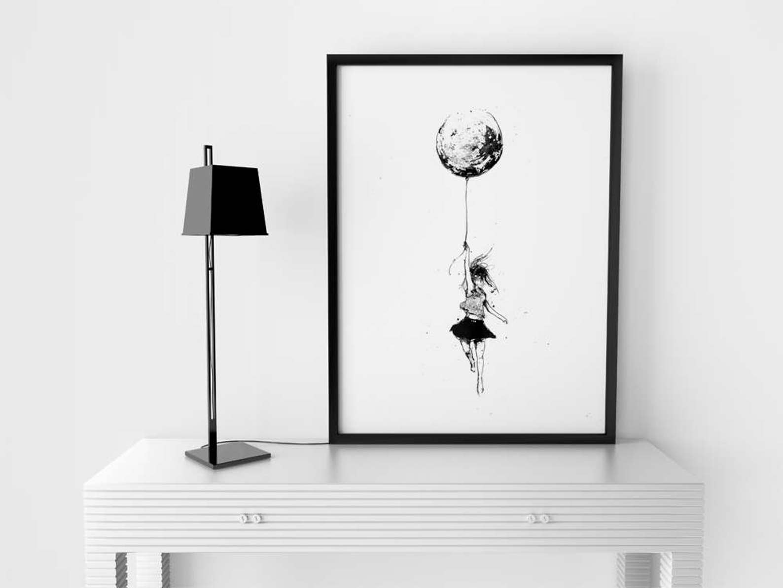 Balloon Girl Minimalist Ink Art Girls Wall Art Art Decor | Etsy