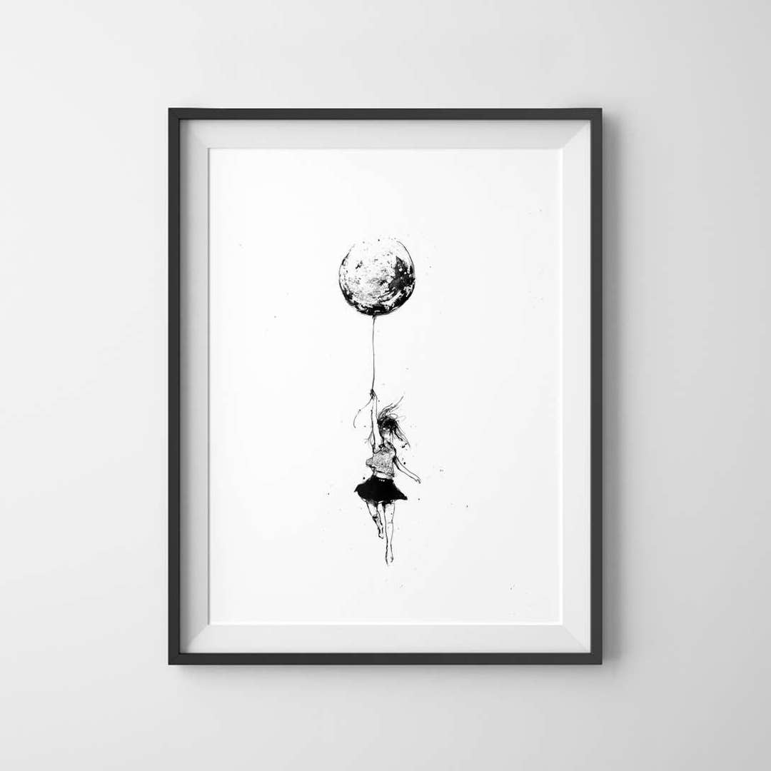 Balloon Girl, Minimalist Ink Art, Girls Wall Art, Art Decor, Minimalist ...