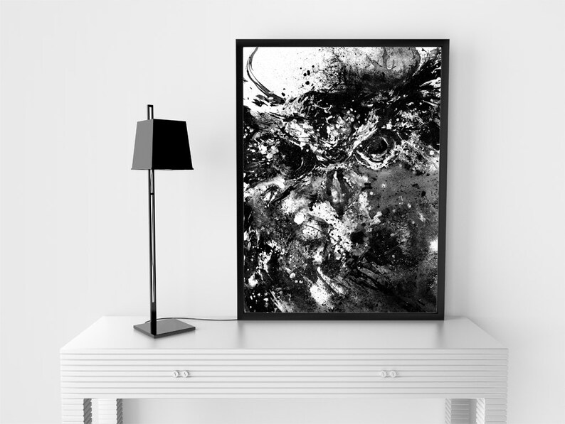 Owl Black Bird Animal Art Ink Splatter Black and White | Etsy