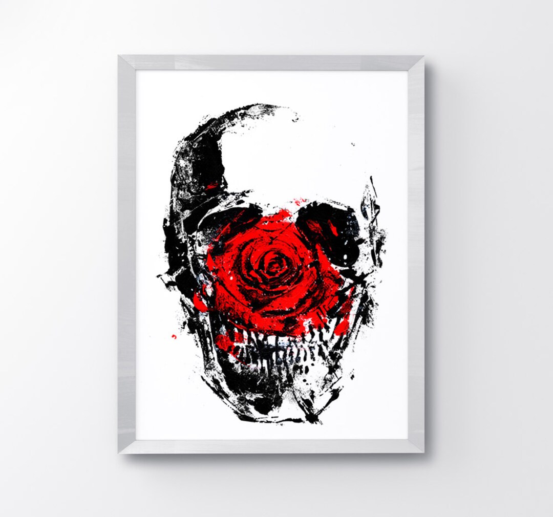 Red Rose Skull Art Print, Skull Poster, Horror Decor, Black and Red Art ...