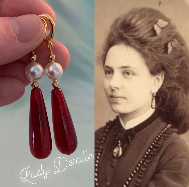 Dark Red AGATE Long Pearl Teardrops, Regency Historic Reproduction, 16k ...