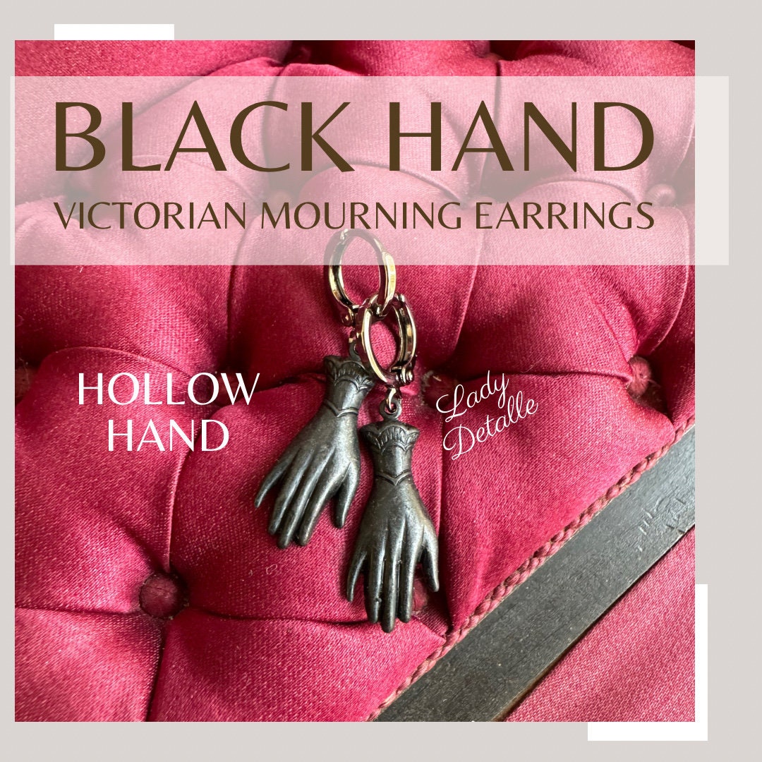 Mourning HAND Earrings, 16k Gold Plated Loops, Victorian MOURNING, Long ...