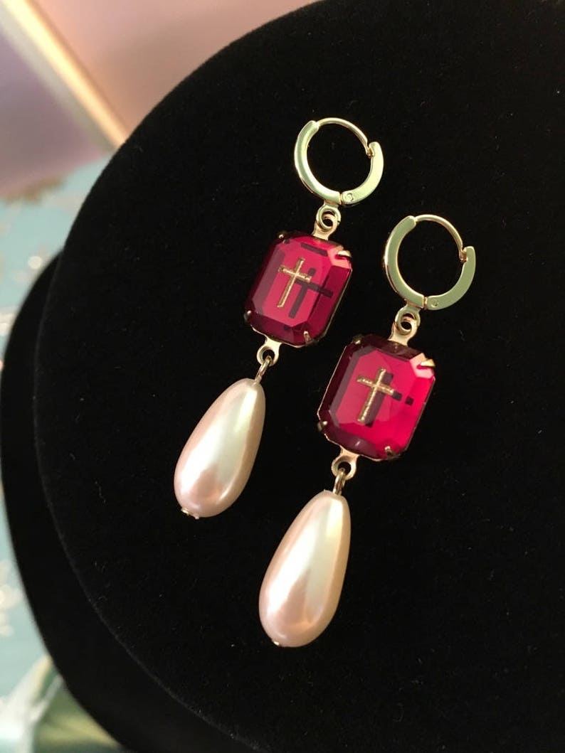 Red ELIZABETHAN CROSS Earrings, Red Vintage Glass Stone, 16K Gold Loops ...