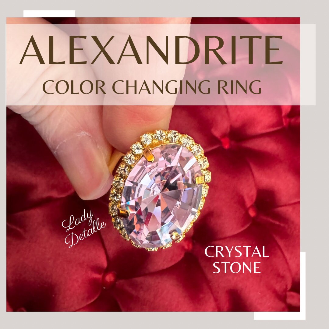 Large ALEXANDRITE Crystal Ring, Sparkle Purple Blue Color Changing Gold ...