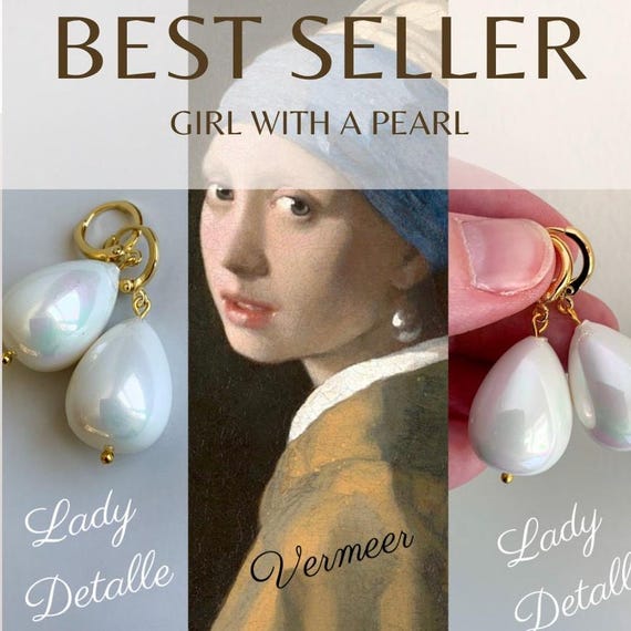 Original Girl With a PEARL Earrings PAIR Large SHELL Pearl 16k Gold or Silver Plated Loops Heavy Earrings Inspired by Vermeer Painting Etsy