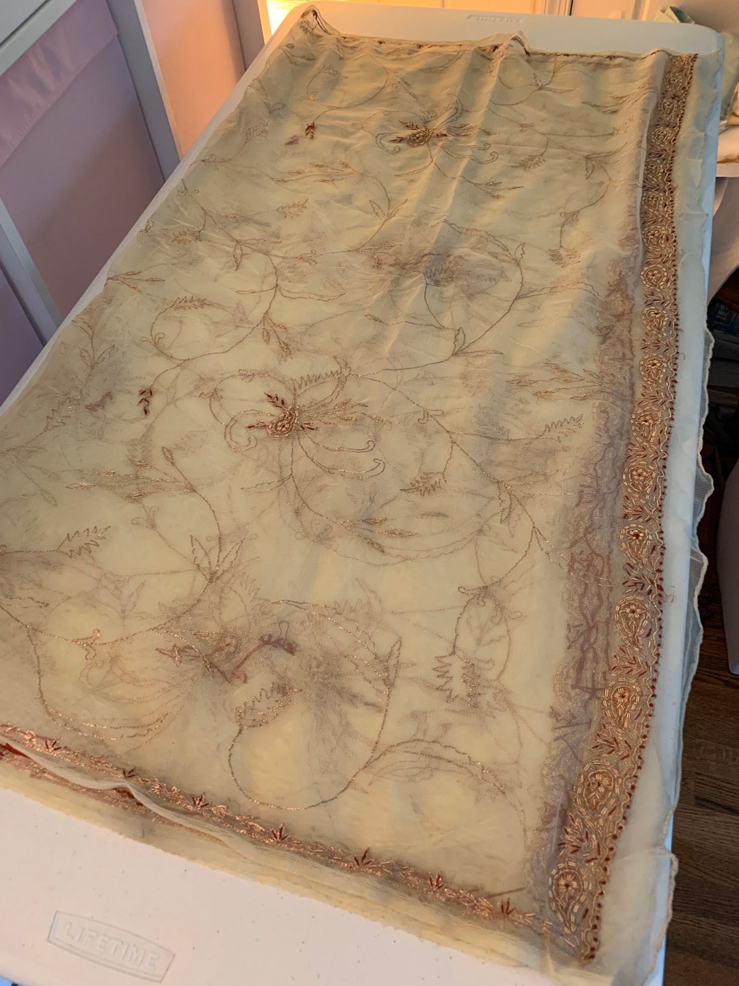 CREAM NET Shawl, Beautiful Net Embroidered Dupatta, Heavy Gold ...