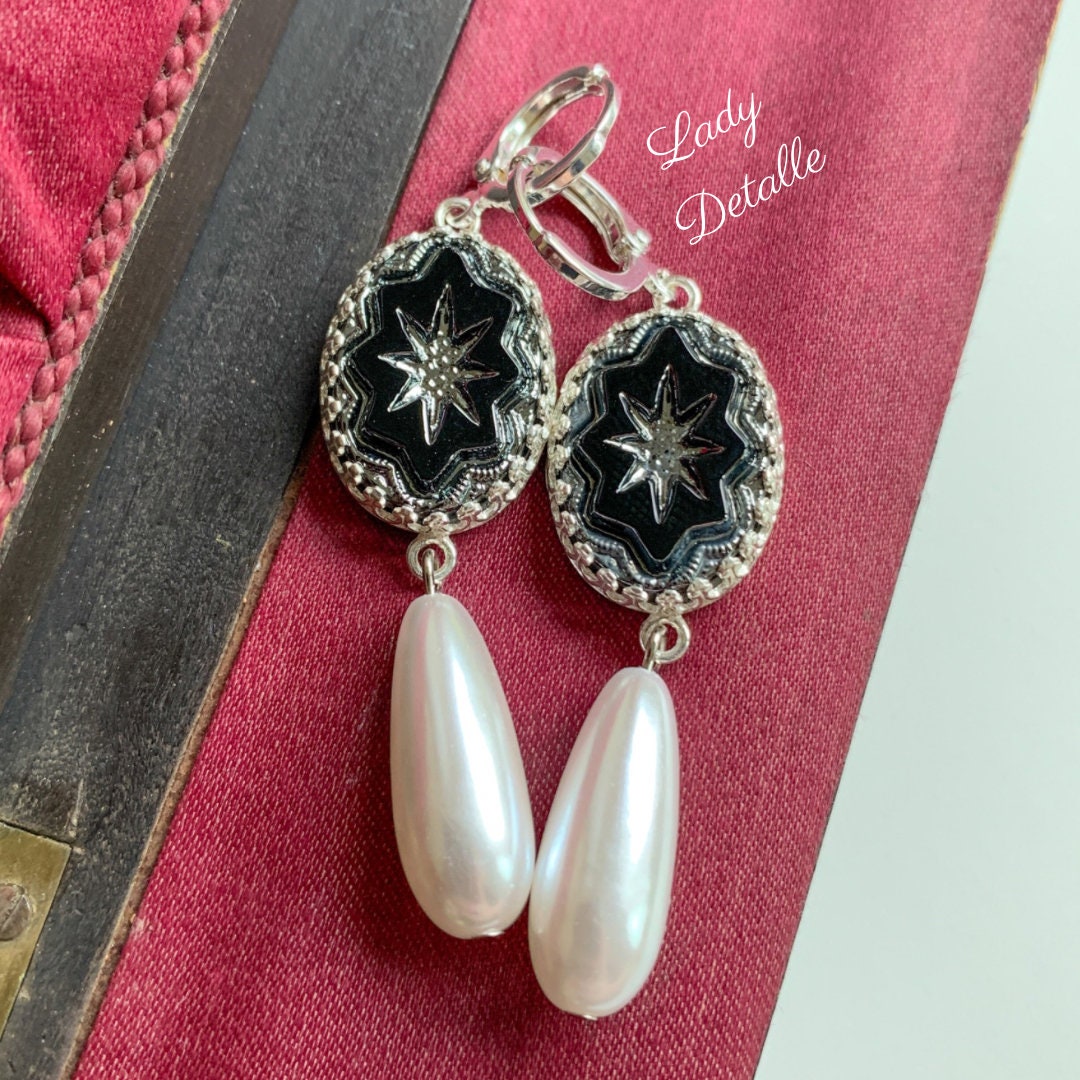Silver and Black Crown INTAGLIO Starburst, Pearl EARRINGS, Silver ...