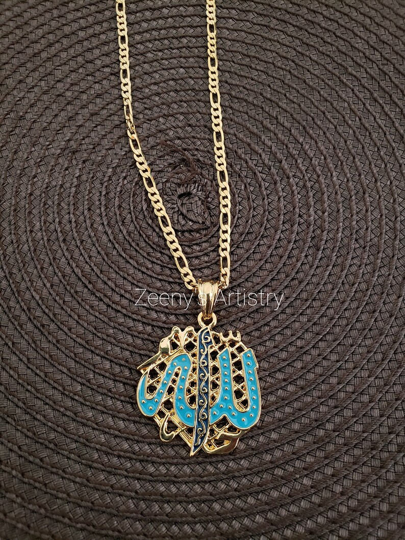 Allah Necklace With Pendant- 18k Gold Plated Large Allah Blue Pendant ...