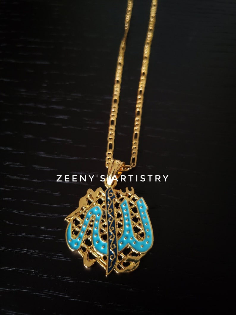 Allah Necklace With Pendant- 18k Gold Plated Large Allah Blue Pendant ...