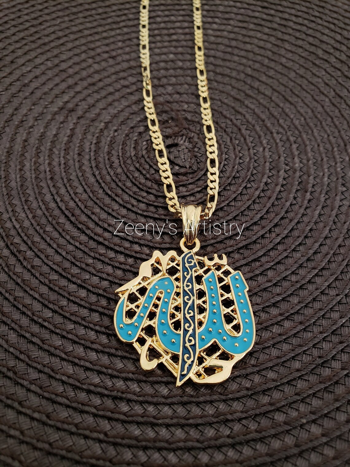 Allah Necklace With Pendant- 18k Gold Plated Large Allah Blue Pendant ...