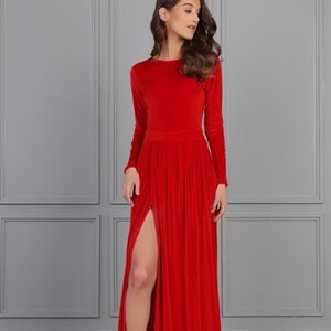 Red Velvet Dress, Bridesmaid Dress, Elegant Velvet Dress, Long Sleeve ...