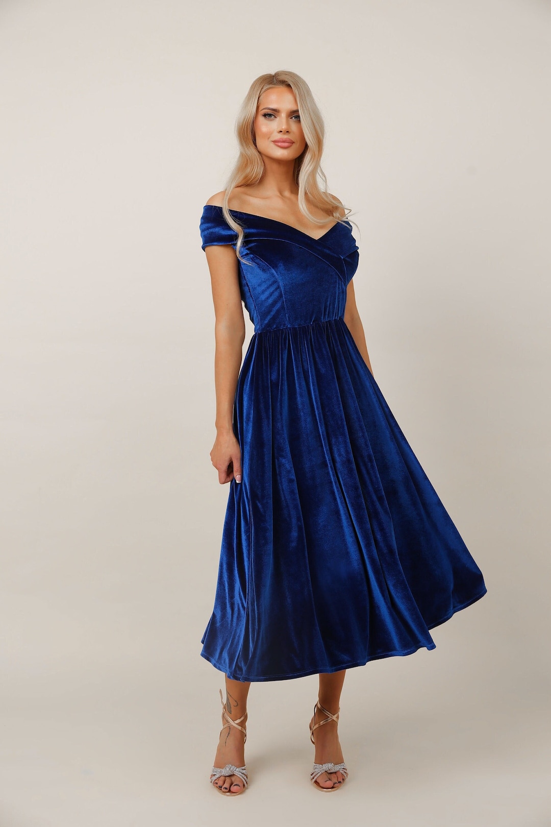 MIDI Prom Royal Blue Velvet Dress, off Shoulder Velvet Bridesmaid Dress ...