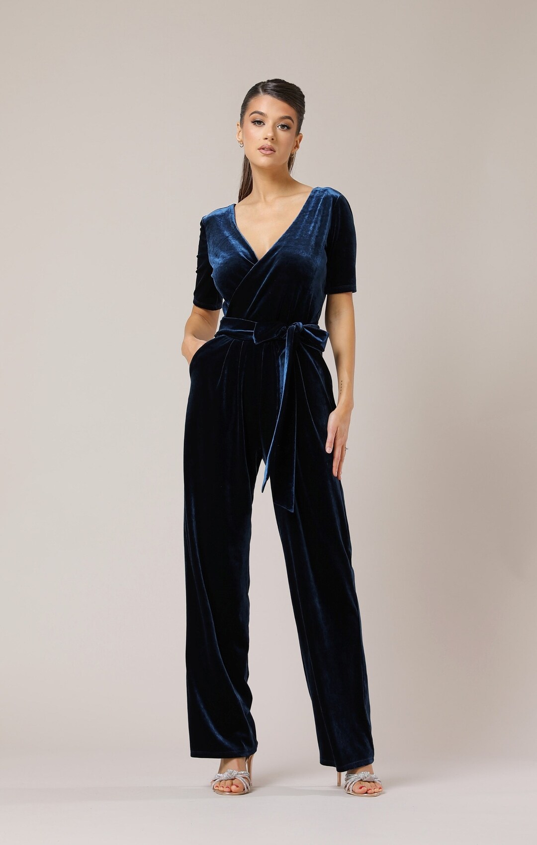 Teal Velvet Jumpsuit, Wide Leg Cocktail Overalls With Pockets - Etsy