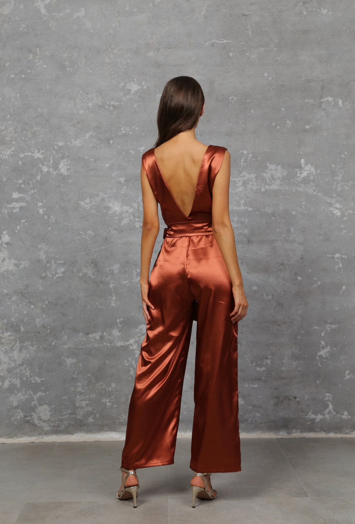 Wide Leg Satin Copper Jumpsuit Wrap V Neck Low V Back - Etsy UK