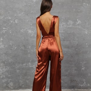 Wide Leg Satin Copper Jumpsuit Wrap V Neck Low V Back - Etsy UK