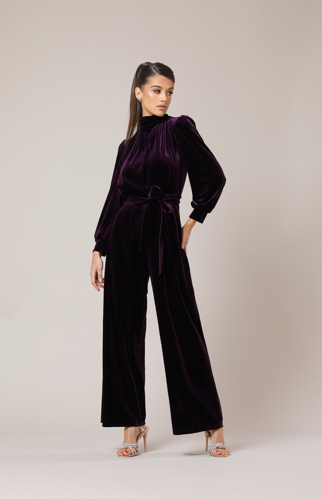 Formal Jumpsuit Women Maid of Honor Long Sleeve Velvet Jumpsuit Wide ...