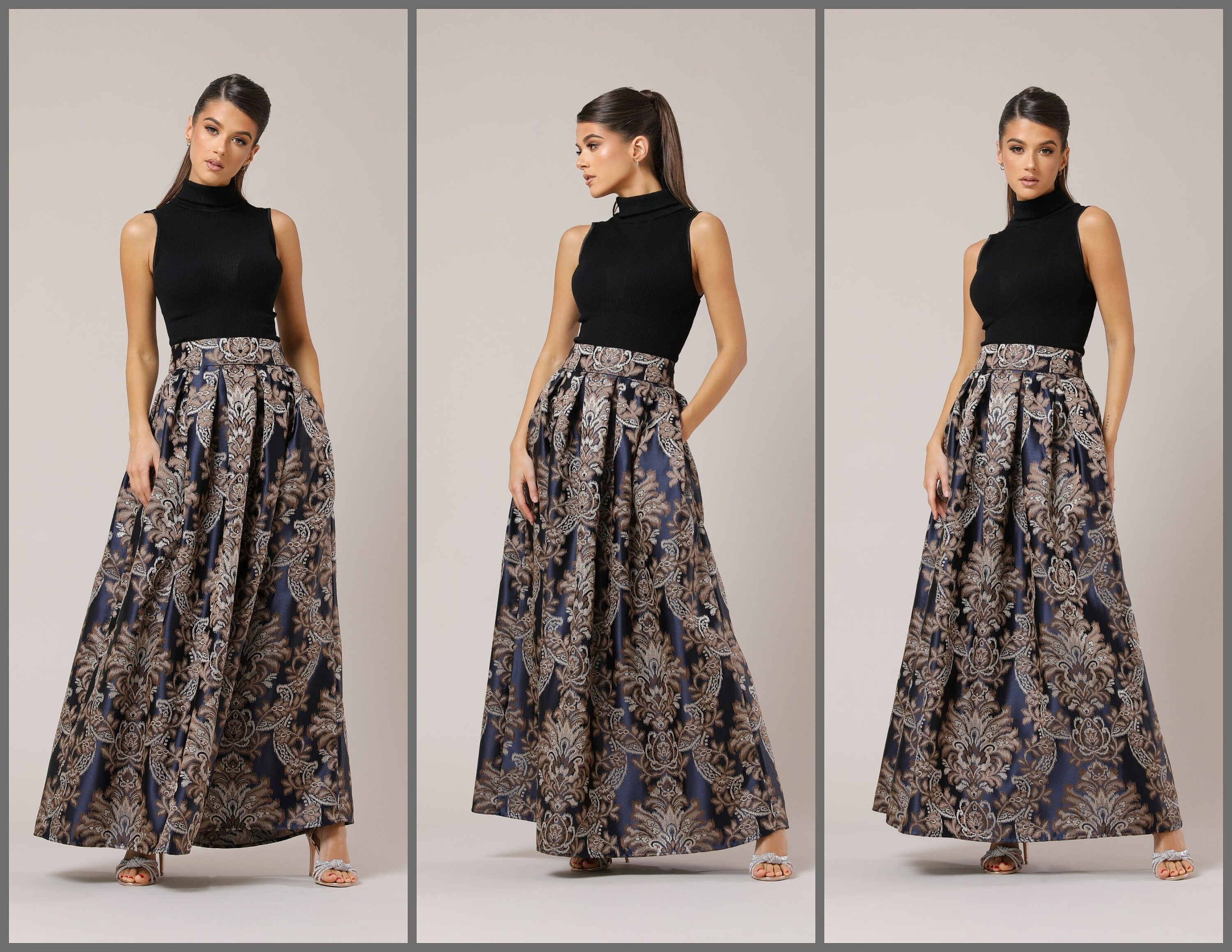 Jacquard Blue Skirt Women, High Waist Elegant Long Skirt Jacquard Blue Skirt Women, High Waist Elegant Long Skirt