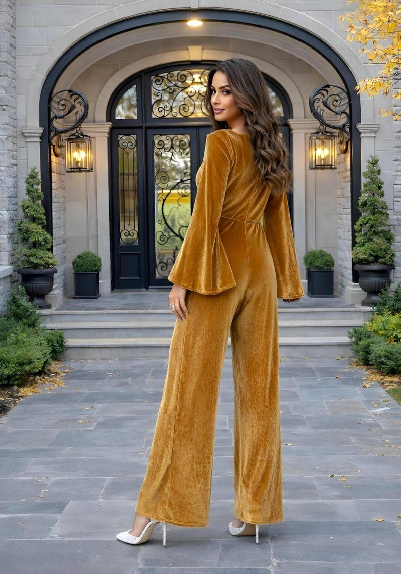 Velvet Bell Sleeve Jumpsuit, Wide Leg Pantsuit Women, 70s Style ...