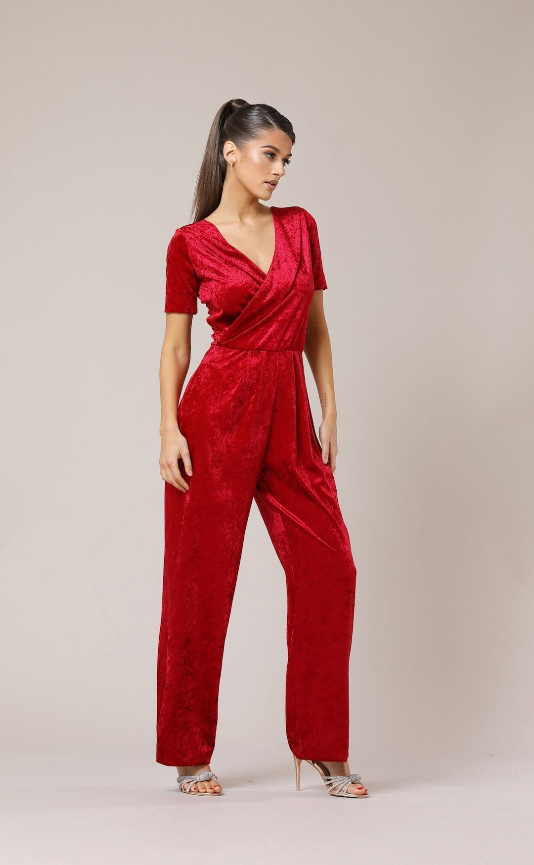 Red Velvet Jumpsuit Women Wide Leg Jumpsuit, Bridesmaid Velvet Jumpsuit ...