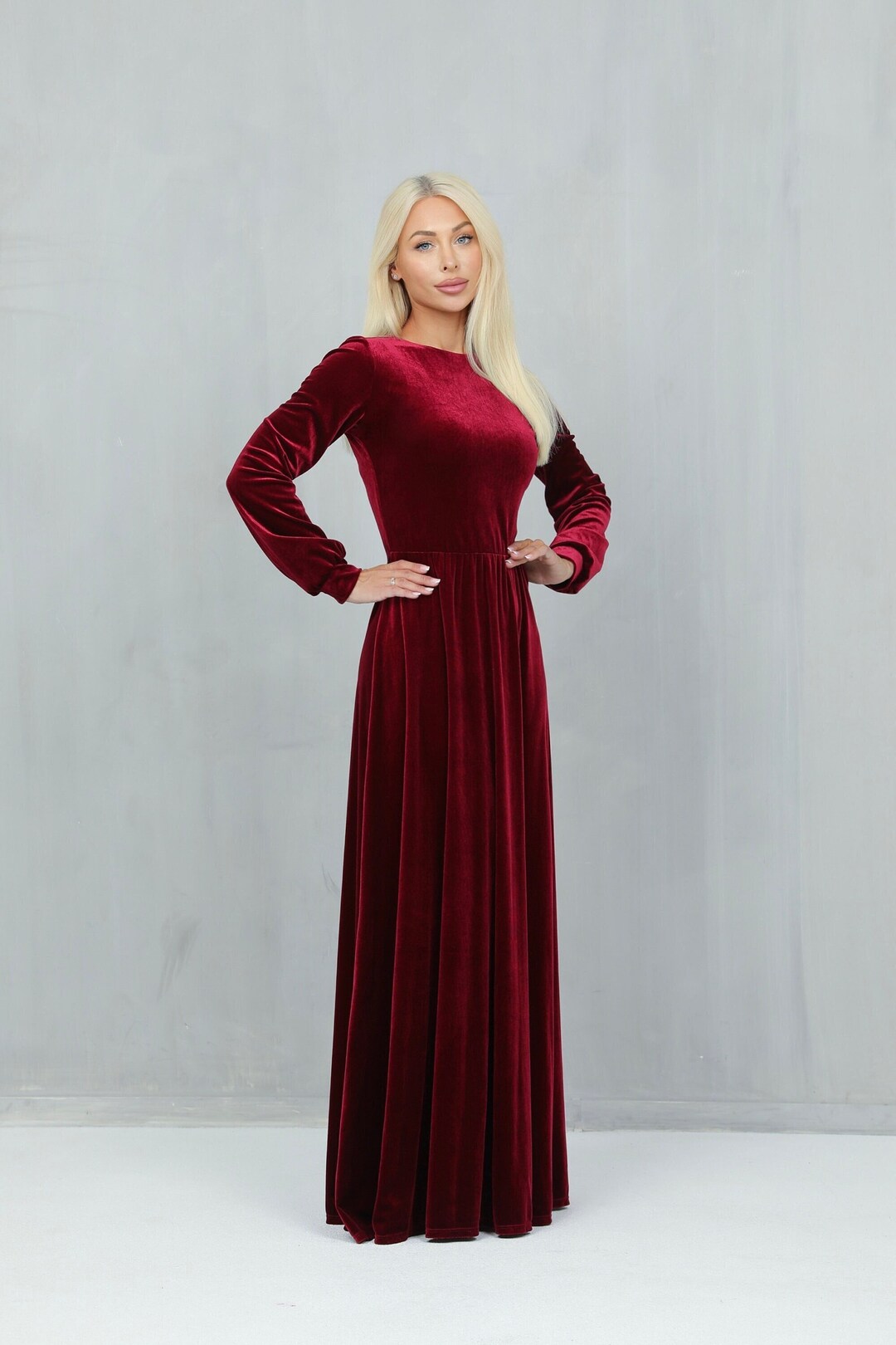Bridesmaid Velvet Dress Loose Sleeve Long Burgundy Dress A Line Velvet ...