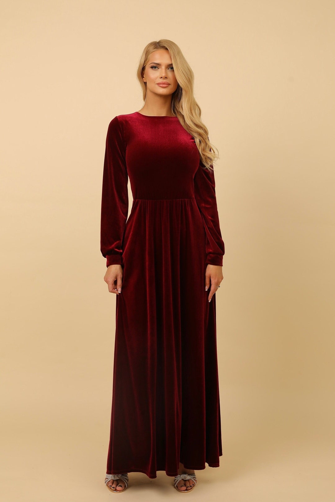 Burgundy Velvet Dress Long Sleeve Bridesmaid Velvet Dress Evening Gown ...