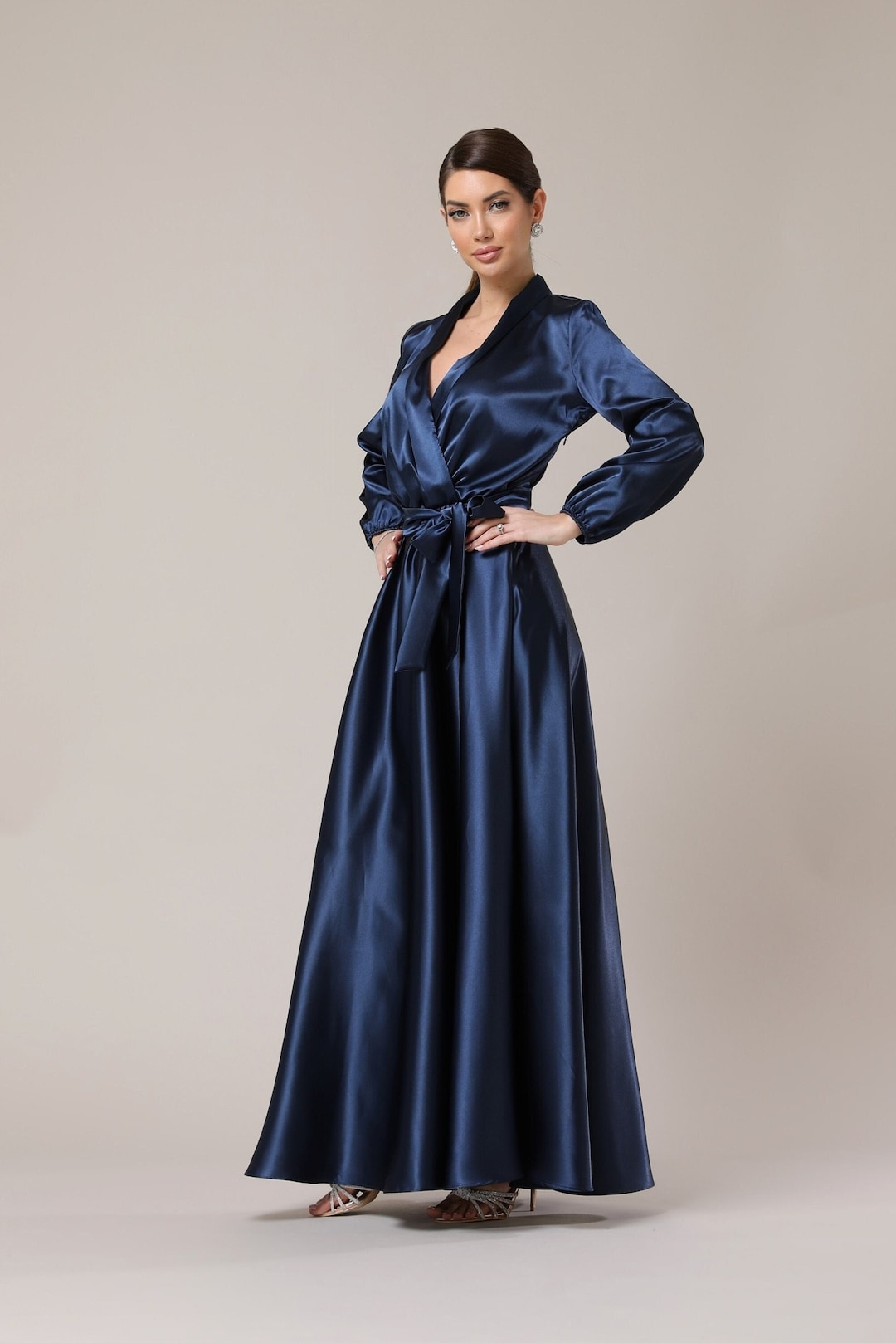 Elegant Satin Dress, Long Sleeve Satin Dress, Formal Party Dress ...
